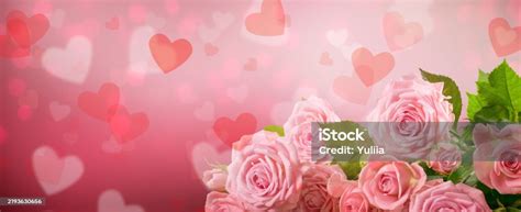 분홍색 배경에 장미 꽃다발이 있는 발렌타인 데이 카드 하트 모양 보케 복사 공간 빈 장소와 휴일 배너 0명에 대한 스톡 사진 및 기타 이미지 Istock