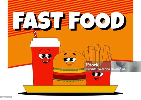 캐릭터 버거 감자 튀김 및 음료가 있는 수평 배너는 복고풍 그루비 스타일입니다 배달 카페 길거리 음식 레스토랑 빈티지 벡터 일러스트 레이 션 가공의 인물에 대한 스톡 벡터