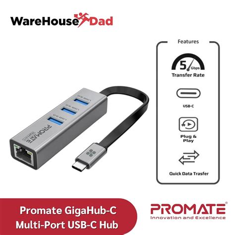 Promate GigaHub C Multi Port USB C Hub With Ethernet Adapter USB 3 0 Ports 5Gbps Sync