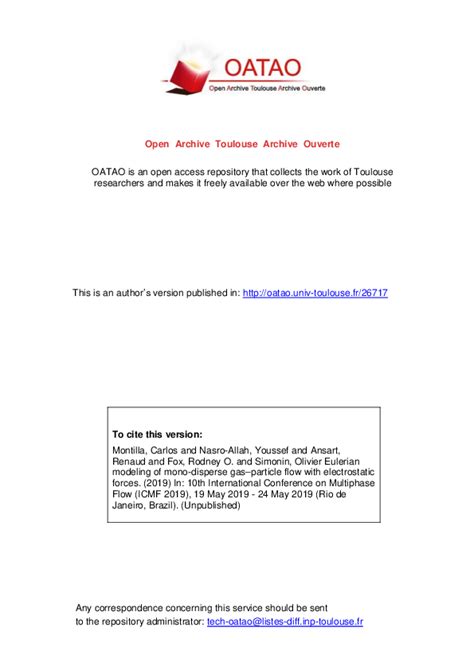 Pdf Eulerian Modeling Of Mono Disperse Gas Particle Flow With Electrostatic Forces Olivier