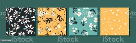 꽃과 잎이있는 추상적 인 꽃 이음새없는 패턴 세트 세련된 손으로 그린 텍스처 종이 커버 직물 및 기타 사용자를위한 현대적인 추상적 인 디자인 Central London에