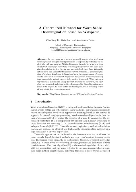 Pdf A Generalized Method For Word Sense Disambiguation Based On Wikipedia