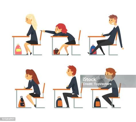 수업 시간에 책상에 앉아 있는 학교 학생들 교복을 입은 십대 학생들이 카피 북에 글을 쓰고 만화 벡터 삽화를 듣고 있다 앉음에 대한 스톡 벡터 아트 및 기타 이미지 Istock