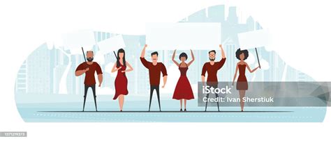 한 무리의 사람들이 항의하러 나왔습니다 파란색 톤의 배너 플랫 스타일로 벡터 그림입니다 데모에 대한 스톡 벡터 아트 및 기타 이미지 Istock