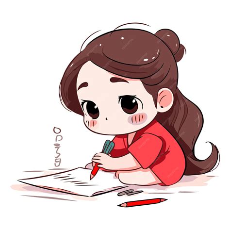 스케치북에서 그림을 그리는 귀여운 어린 소녀 터 만화 일러스트레이션 프리미엄 벡터