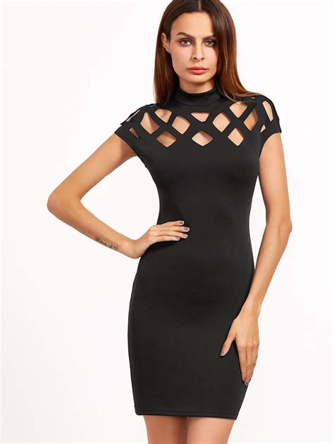 Black Caged Shoulder Zipper Back Bodycon Dress Shein Sheinside