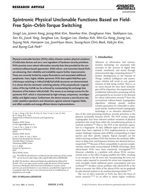 Pdf Spintronic Physical Unclonable Functions Based On Field‐free Spinorbit‐torque Switching