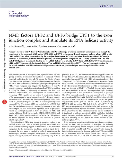 Pdf Nmd Factors Upf2 And Upf3 Bridge Upf1 To The Exon Junction