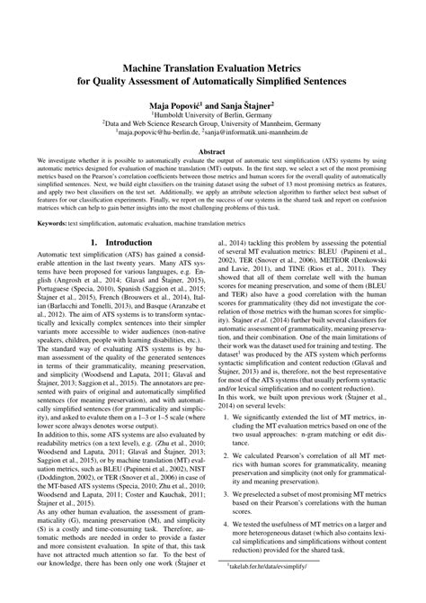 Pdf Machine Translation Evaluation Metrics For Quality Assessment Of Automatically Simplified