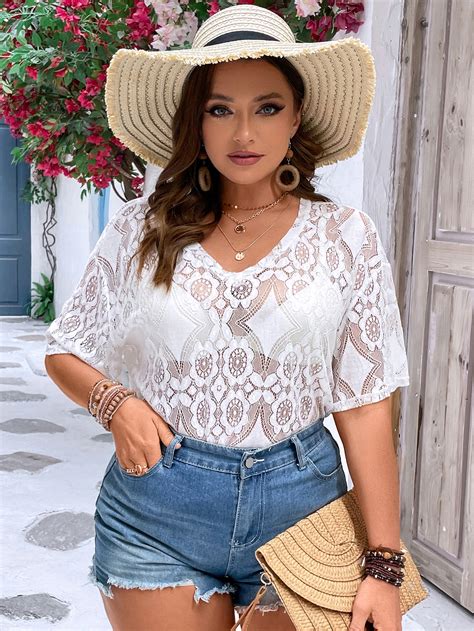 Shein Vcay Plus Floral Lace Drop Shoulder Sheer Top Without Bra Shein Usa
