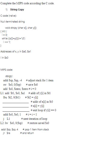 Solved Complete The Mips Code According The Code 1 String