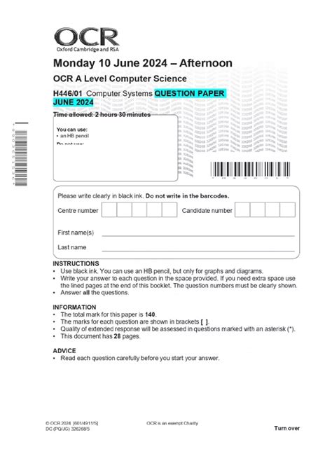 Ocr A Level Computer Science H44601 Computer Systems Question Paper June 2024 Ocr Stuvia Us
