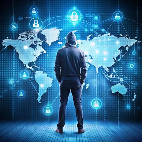 Хакер стоит и готовится к атаке с помощью икон киберпреступности на