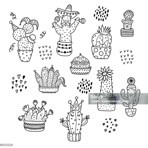 재밌는 선인장 선형 일러스트 레이 션 채색 귀여운에 대한 스톡 벡터 아트 및 기타 이미지 귀여운 꽃 식물 꽃꽂이 Istock