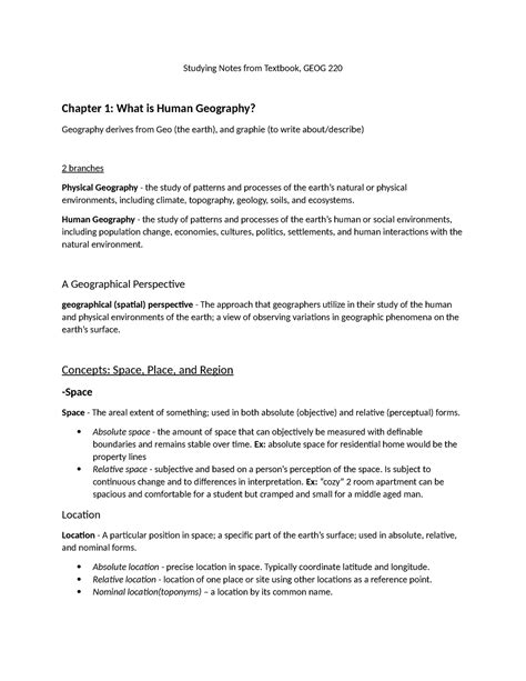 Studying Notes From Textbook GEOG 220 Human Geography The Study Of Patterns And Processes Of