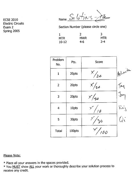 Exam 2 Solutions Electric Circuits Spring 2005 Ecse 2010 Exams