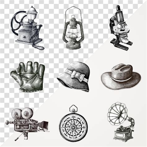Premium Psd Hand Drawn Retro Object Design Element Set