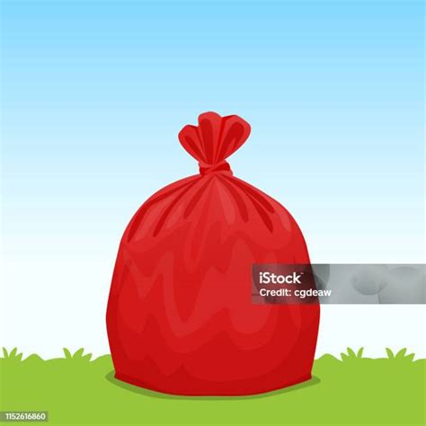 잔디 하늘 배경에 빨간 가방 플라스틱 쓰레기 휴지통 가방 쓰레기 가방 폐기물 오염 비닐 봉지 폐기물 3r 광고 폐기물 비닐 봉투 및 배너 광고 배경 복사 공간 가방에 대한