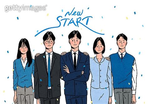 비즈니스 화이트칼라 전문직 파랑 색 청년 성인 캘리그래피 문자 손글씨 시작 컨셉 여러명 3 5 사람들 일렬 배열 비즈니스맨