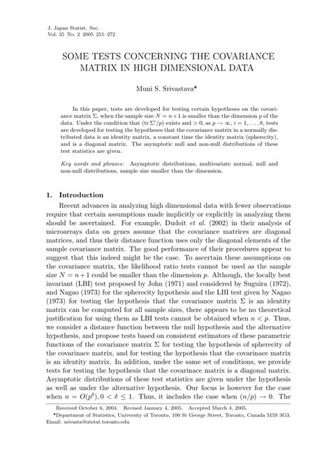 Pdf Some Tests Concerning The Covariance Matrix In High Dimensional Data