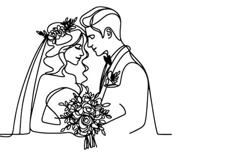 One Continuous Single Drawing Black Line Art Doodle Wedding Couple