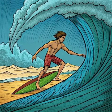 A Drawing Of A Surfer On A Board With A Wave In The Background