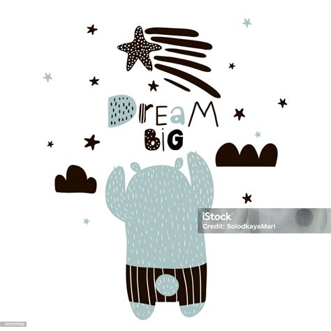 꿈 큰 글자 귀여운 만화 곰 보 스 칸디 나 비아 스타일입니다 보육 아이 들 의류 포스터 엽서에 대 한 유치 한 인쇄 벡터 일러스트 레이 션 0명에 대한 스톡 벡터 아트 및