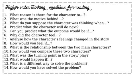 Higher Level Thinking Prompts For Reading English Texts Teaching Resources