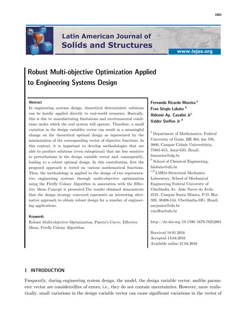 Pdf Robust Multi Objective Optimization Applied To Engineering Systems Design