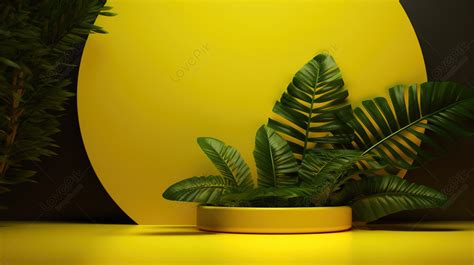 자연에서 영감을 받은 미니멀리즘으로 제품 디스플레이 강화 네온 옐로우 3d 연단 및 나뭇잎 그림자 액센트 연단 배경 그림자 배경 자연 잎 배경 이미지 Hd 연단