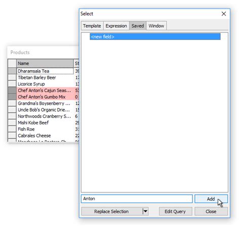 Example Using The Select Dialog Saved Tab
