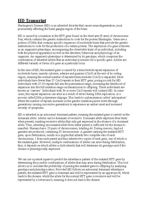 Hd Transcript Hd Transcript Huntingtons Disease Hd Is An Inherited Disorder That Causes