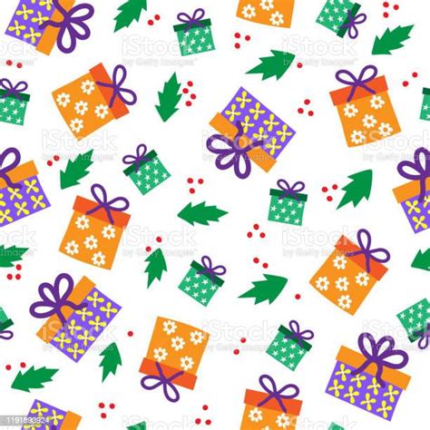 선물과 여러 가지 빛깔의 상자의 크리스마스 원활한 패턴 그리고 잎과 Hellebore의 열매 전통적인 크리스마스 식물 투명한 배경과 배경을 대체 할 수있는 능력 개체 그룹에