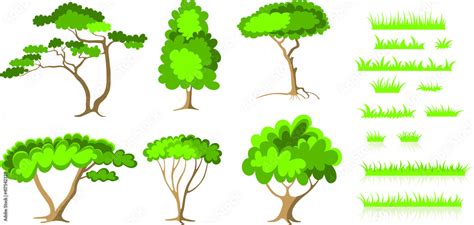 Set Of Green Trees With Foliage Fruit Tree Painted In The Modern Doodle Style Coloring Book