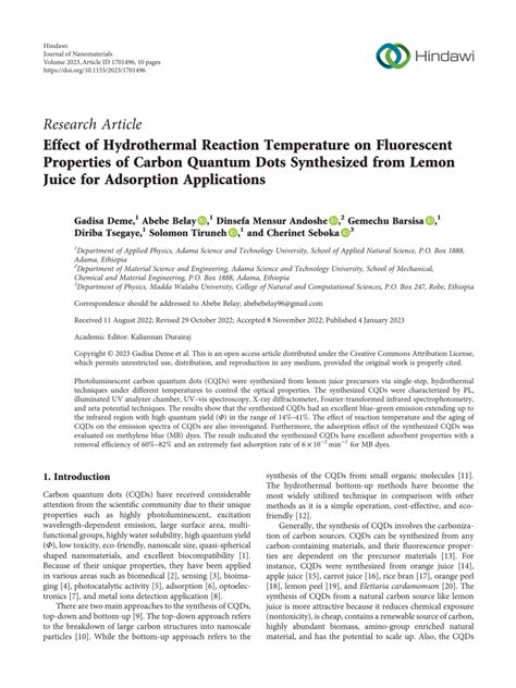 Pdf Effect Of Hydrothermal Reaction Temperature On Fluorescent Properties Of Carbon Quantum