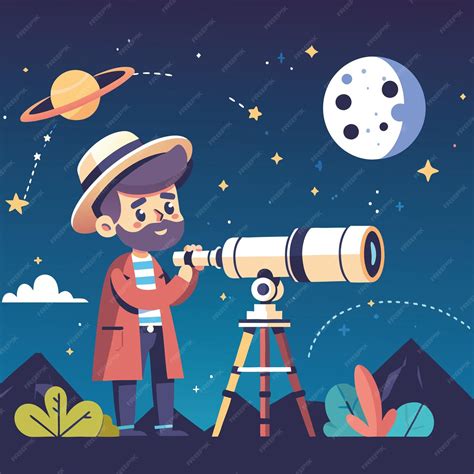 Male Astronomer Observes Objects In Night Sky Through Telescope Vector Flat Illustration