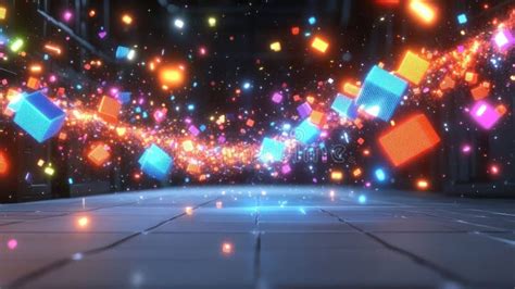 Glowing Neon Cubes And Confetti Exploding In Dark Space Futuristic Abstract Background Stock