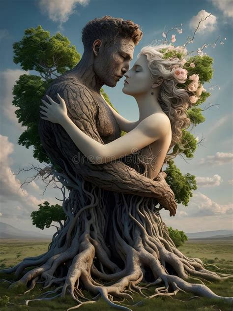 A Mystical Tree Man And Tree Woman Entwined Symbolizing Nature Love And Unity Stock
