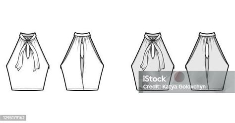 넥타이 랩 슬림 핏 활 허리 길이가 있는 탑 크롭 V넥 홀터 탱크 테크니컬 패션 일러스트 플랫 아웃웨어 0명에 대한 스톡 벡터 아트 및 기타 이미지 Istock