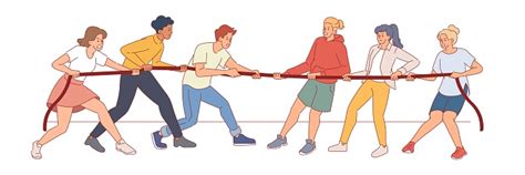 줄다리기 두 종족 그룹 간의 대결 경쟁과 비즈니스 경쟁 남자와 여자가 반대쪽 끝 밧줄 팀워크 게임 갈등 기호 벡터 만화 평면