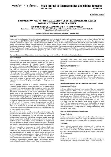 Pdf Preparation And In Vitro Evaluation Of Sustained Release Tablet Formulations Of Metformin Hcl