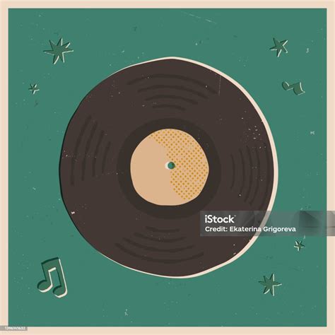 비닐 레코드 디스크가있는 재미있는 복고풍 스타일의 카드 디자인은 질감이있는 녹색 배경에 음악 노트와 별을 둘러 쌌습니다 손으로