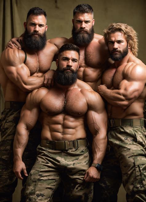 Lexica Group Of 5 Burly Hairy Manly Military Strong Men And Caressing