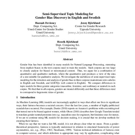 Semi Supervised Topic Modeling For Gender Bias Discovery In English And Swedish Acl Anthology