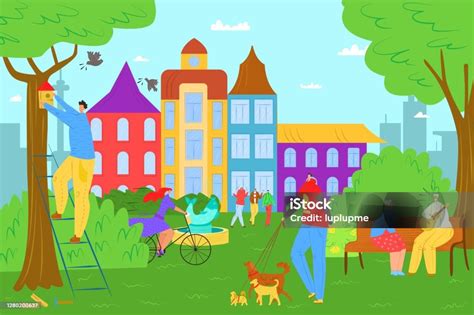 여름 공원 자연에서 레저 사람들 야외 라이프 스타일 벡터 일러스트 자전거 녹색 나무에서 여자 남자 사람 캐릭터 가족에 대한 스톡 벡터 아트 및 기타 이미지 Istock