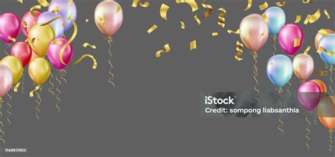 생일 축하 가로 그림 축제 장식 벡터 그림을 위해 색종이 조각과 풍선으로 축하합니다 검은색에 대한 스톡 벡터 아트 및 기타 이미지 검은색 공휴일 금색 Istock