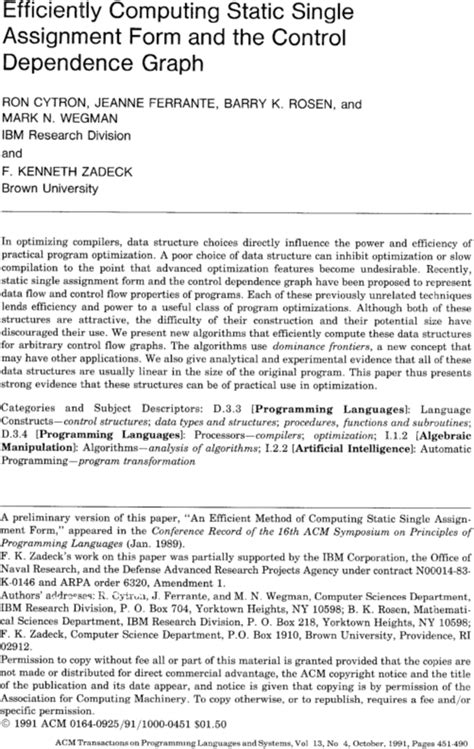 Efficiently Computing Static Single Assignment Form And The Control