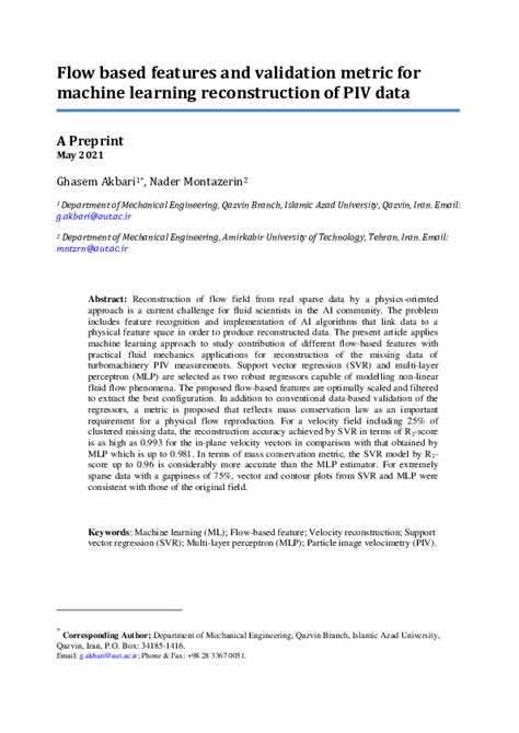 Pdf Reconstruction Of Particle Image Velocimetry Data Using Flow Based Features And Validation