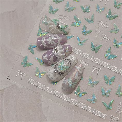 Tomoni貝殼光蝴蝶美甲貼紙 珍珠蝴蝶結浮雕立體美甲飾品 綠蝴蝶背膠貼紙 3942背膠指甲貼 台灣現貨 美甲diy 蝦皮購物