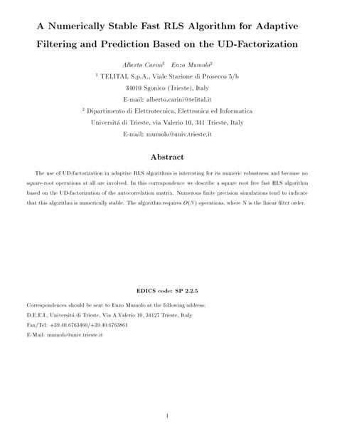 Pdf A Numerically Stable Fast Rls Algorithm For Adaptive Filtering
